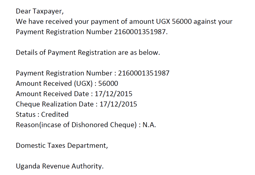 ura notification of payment
